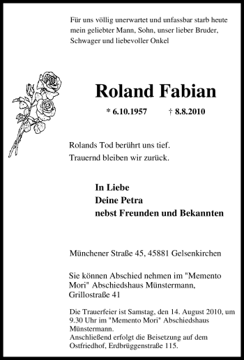 Traueranzeigen von Roland Fabian | Trauer-in-NRW.de