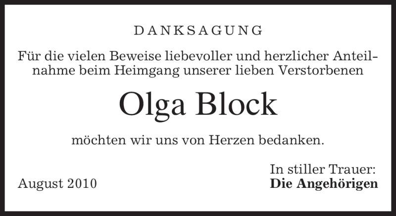 Traueranzeigen von Olga Block | Trauer-in-NRW.de