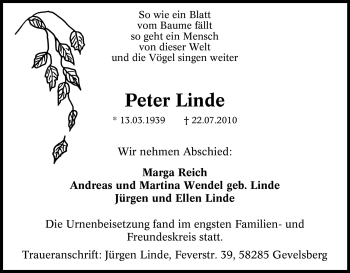 Traueranzeigen von Peter Linde | Trauer-in-NRW.de