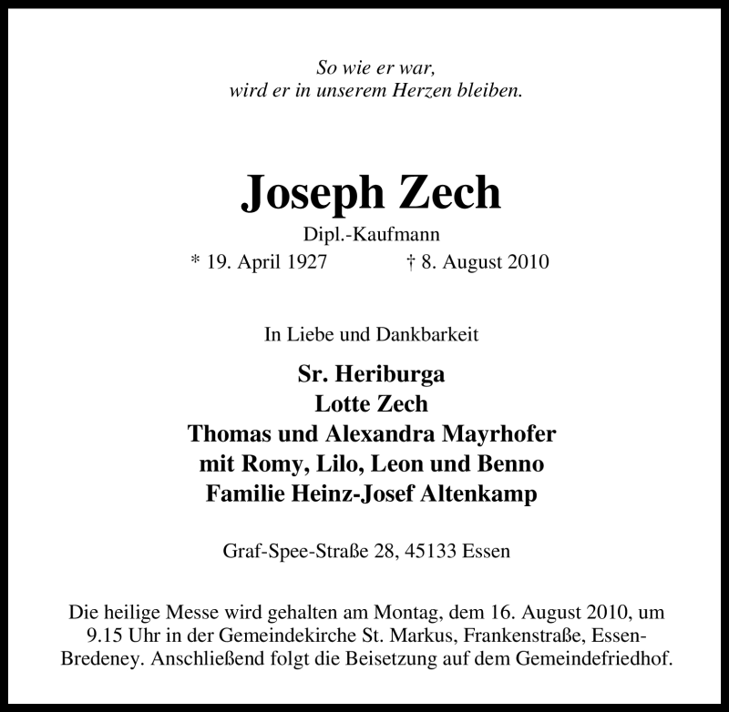 Traueranzeigen von Joseph Zech | Trauer-in-NRW.de