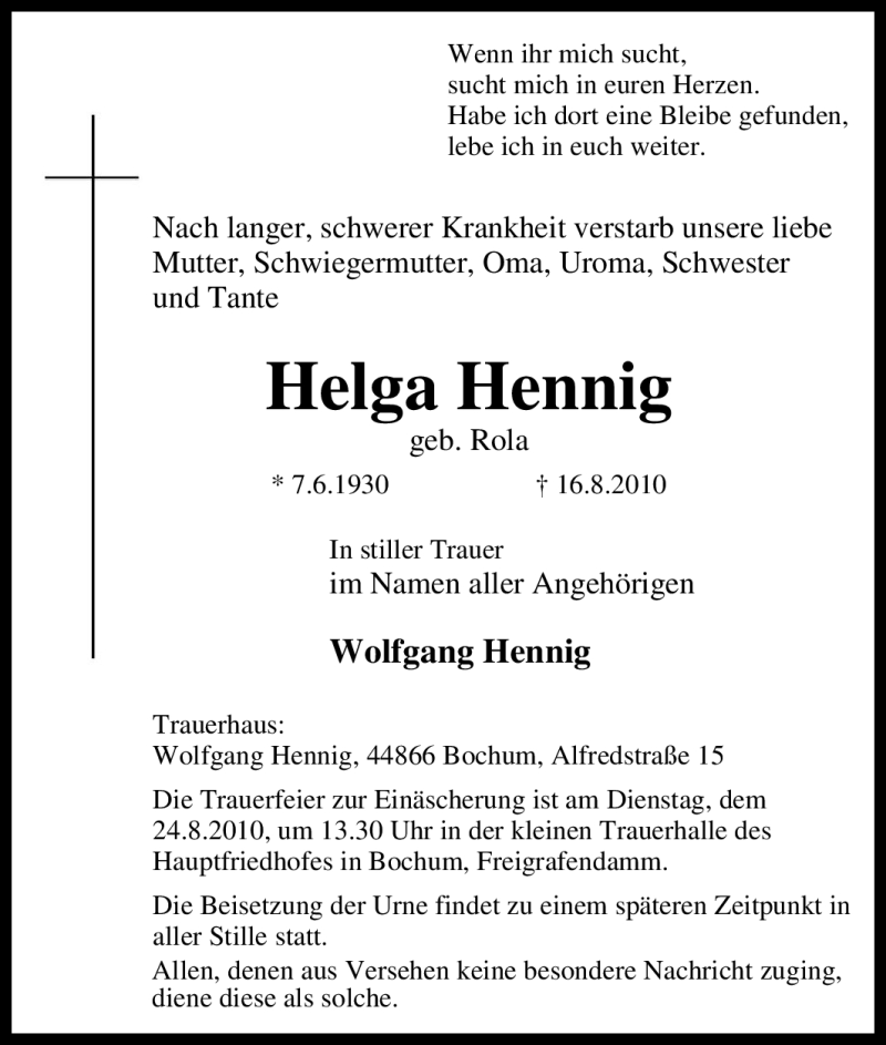 Traueranzeigen von Helga Hennig | Trauer-in-NRW.de