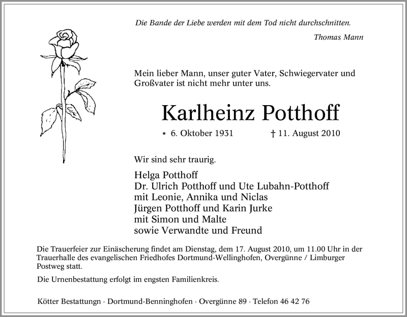 Traueranzeigen von Karlheinz Potthoff | Trauer-in-NRW.de