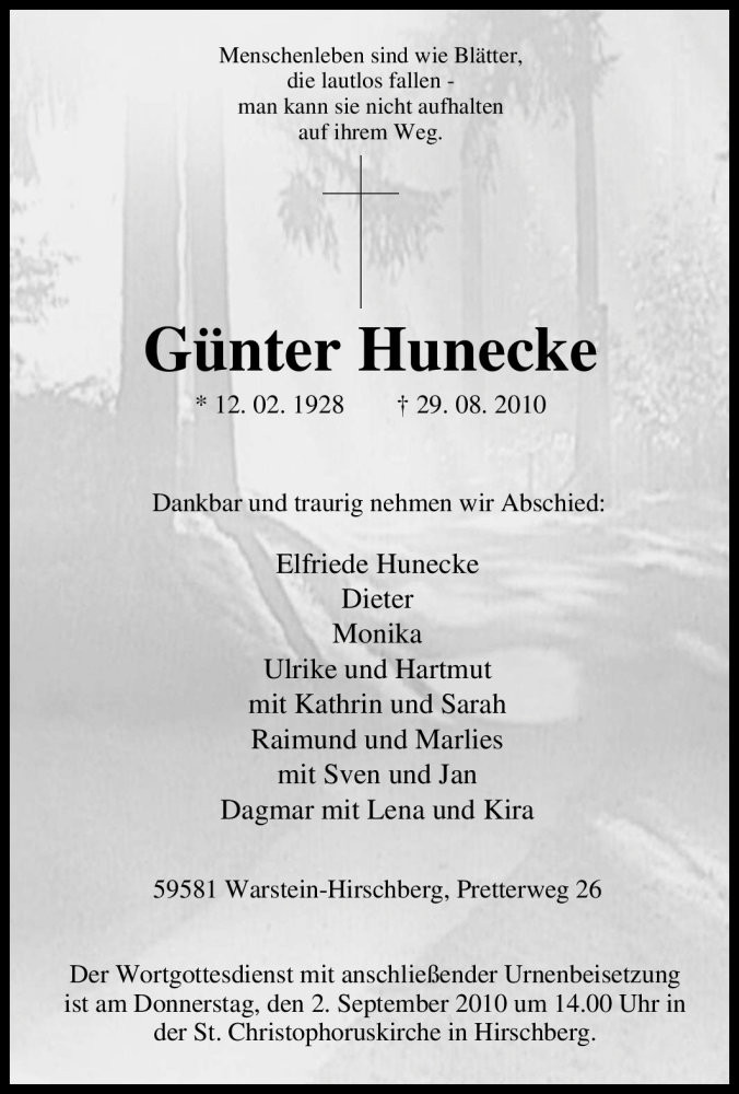 Traueranzeigen von Günter Hunecke | Trauer-in-NRW.de