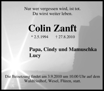 Traueranzeigen von Colin Zanft | Trauer-in-NRW.de