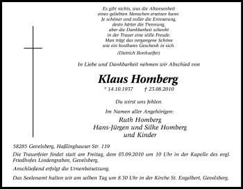 Traueranzeigen von Klaus Homberg | Trauer-in-NRW.de