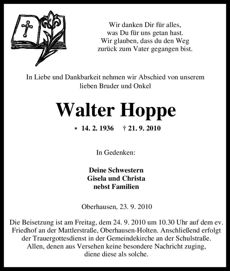 Traueranzeigen von Walter Hoppe | Trauer-in-NRW.de