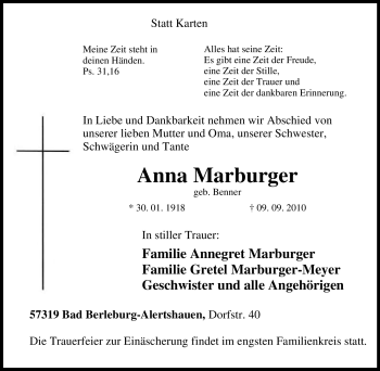 Traueranzeigen von Anna Marburger | Trauer-in-NRW.de