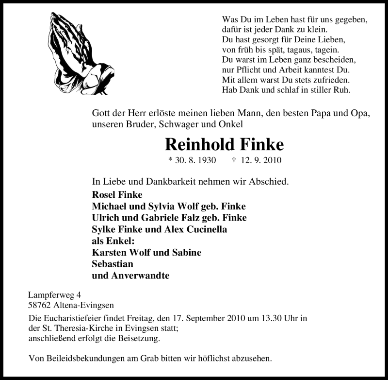 Traueranzeigen von Reinhold Finke | Trauer-in-NRW.de