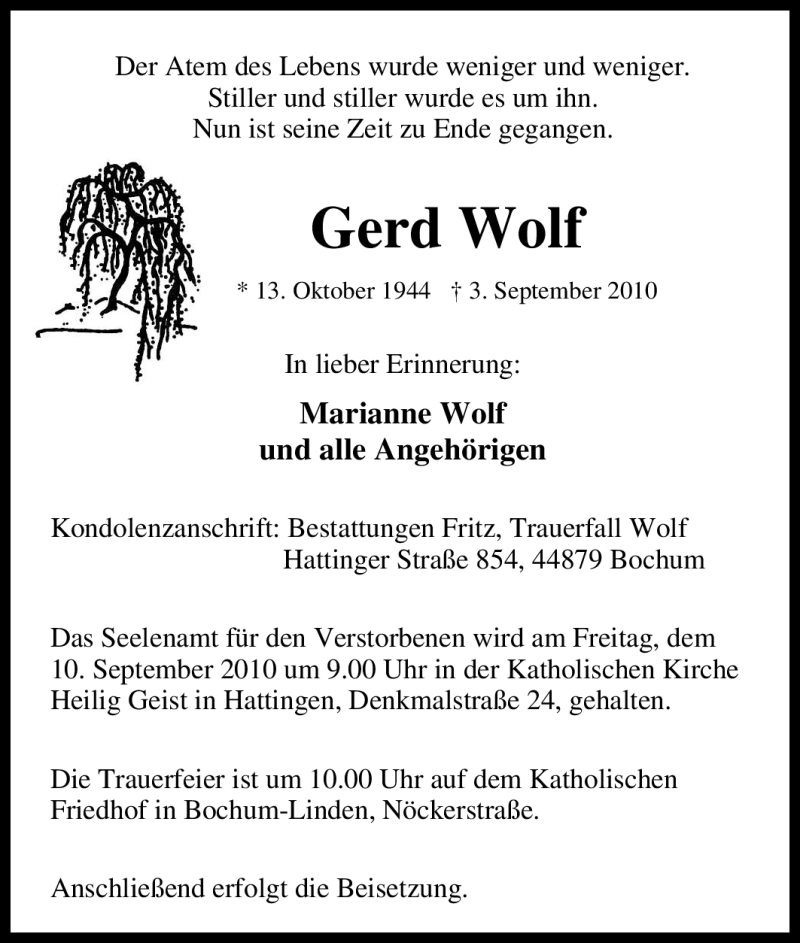 Traueranzeigen von Gerd Wolf | Trauer-in-NRW.de