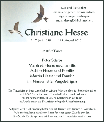 Traueranzeigen von Christiane Hesse | Trauer-in-NRW.de