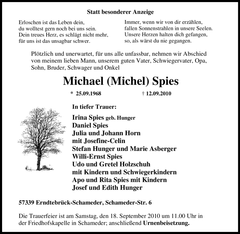 Traueranzeigen von Michael Spies | Trauer-in-NRW.de