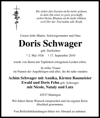 Traueranzeigen von Doris Schwager | Trauer-in-NRW.de