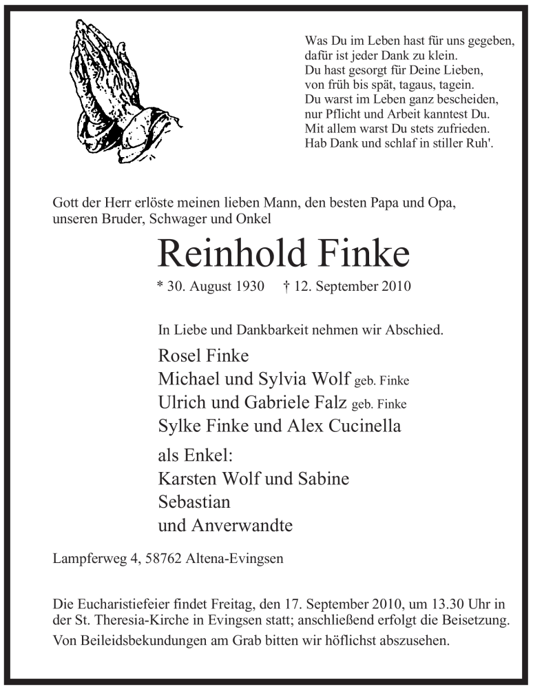 Traueranzeigen von Reinhold Finke | Trauer-in-NRW.de
