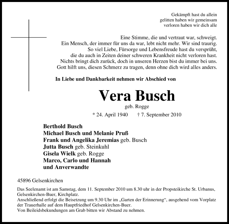 Traueranzeigen von Vera Busch | Trauer-in-NRW.de