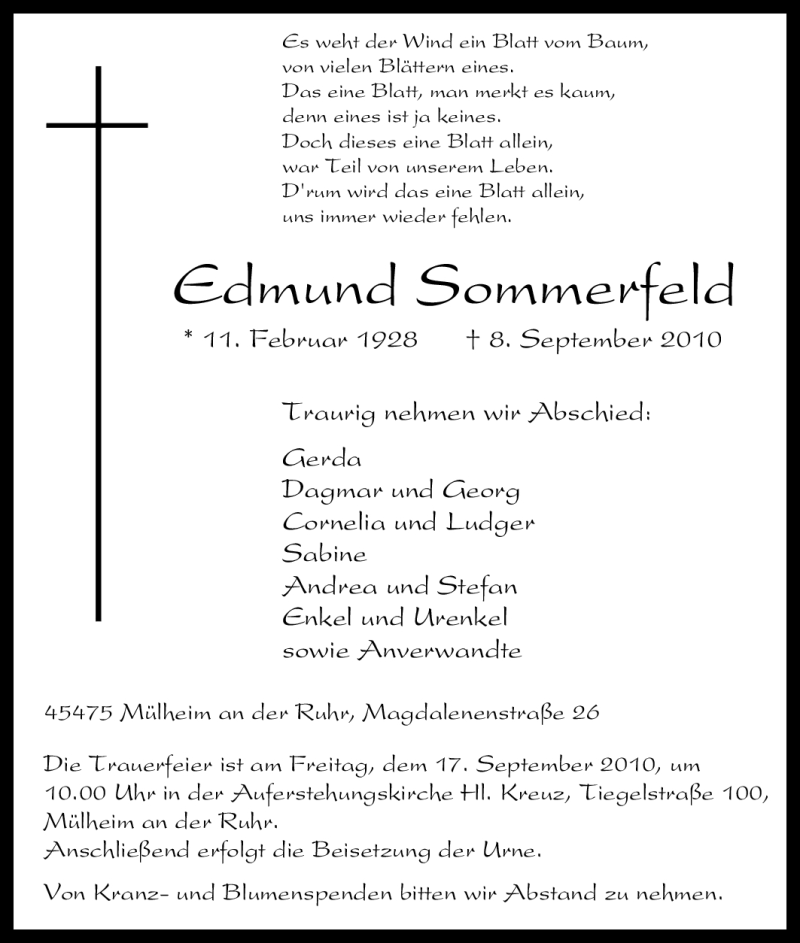 Traueranzeigen von Edmund Sommerfeld | Trauer-in-NRW.de