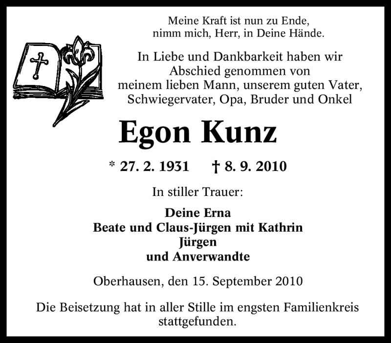 Traueranzeigen von Egon Kunz | Trauer-in-NRW.de