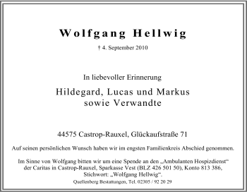 Traueranzeigen von Wolfgang Hellwig | Trauer-in-NRW.de