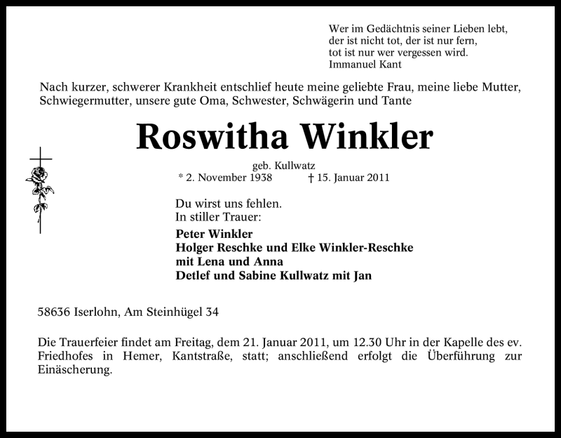 Traueranzeigen von Roswitha Winkler | Trauer-in-NRW.de