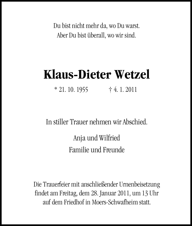 Traueranzeigen von Klaus-Dieter Wetzel | Trauer-in-NRW.de