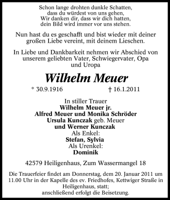 Traueranzeigen von Wilhelm Meuer | Trauer-in-NRW.de