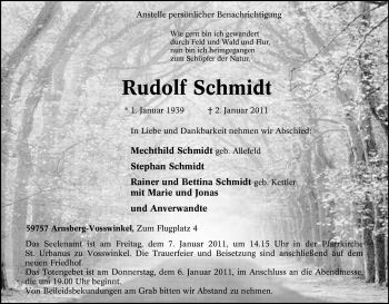Traueranzeigen von Rudolf Schmidt | Trauer-in-NRW.de