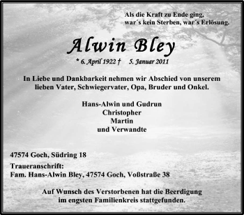 Traueranzeigen von Alwin Bley | Trauer-in-NRW.de