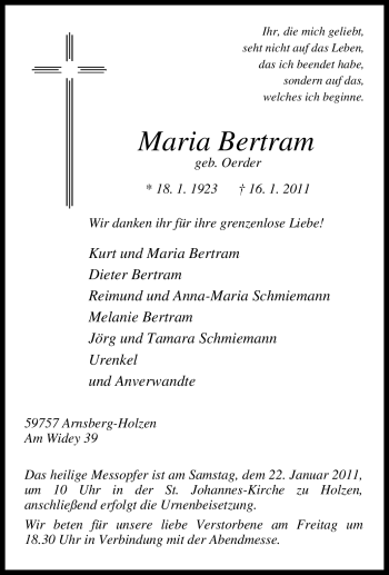 Traueranzeigen von Maria Bertram | Trauer-in-NRW.de