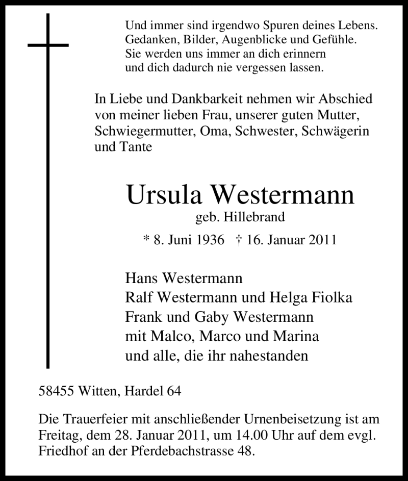 Traueranzeigen von Ursula Westermann | Trauer-in-NRW.de