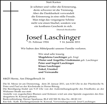 Traueranzeigen von Josef Laschinger | Trauer-in-NRW.de