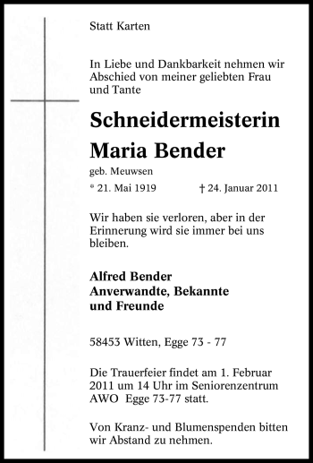 Traueranzeigen von Maria Bender | Trauer-in-NRW.de