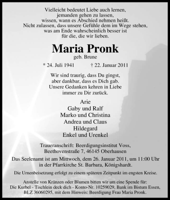 Traueranzeigen von Maria Pronk | Trauer-in-NRW.de