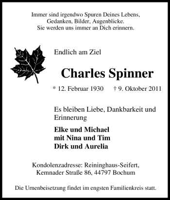 Traueranzeigen von Charles Spinner | Trauer-in-NRW.de