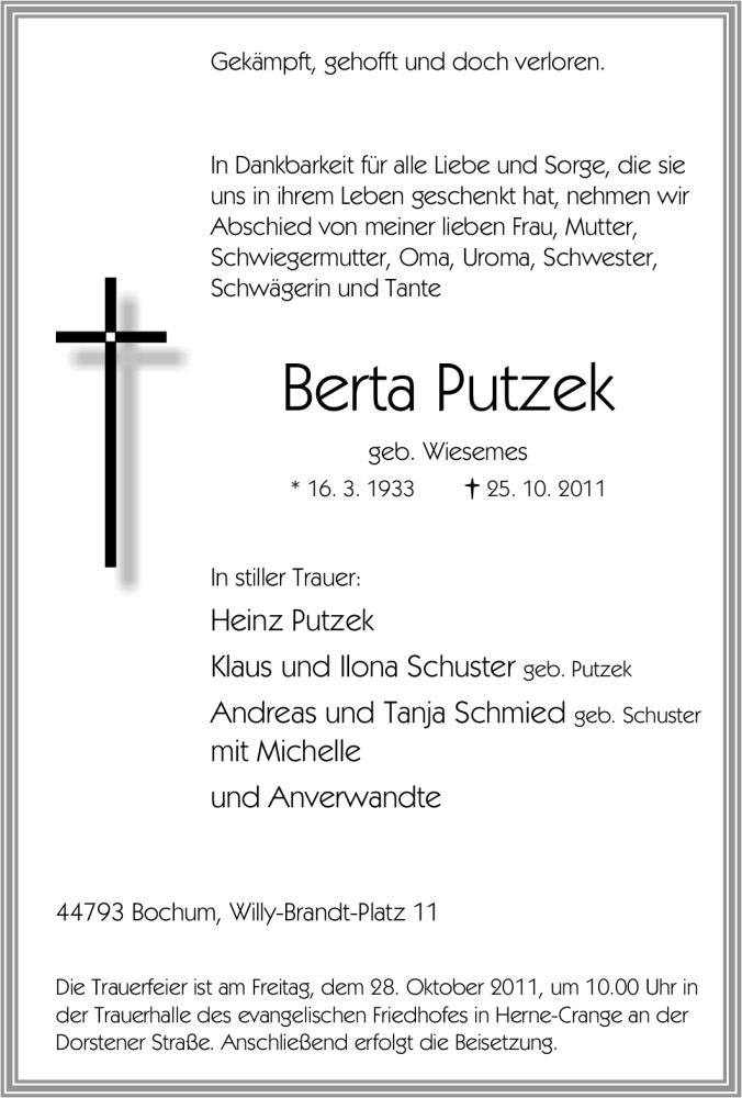 Traueranzeigen von Berta Putzek | Trauer-in-NRW.de