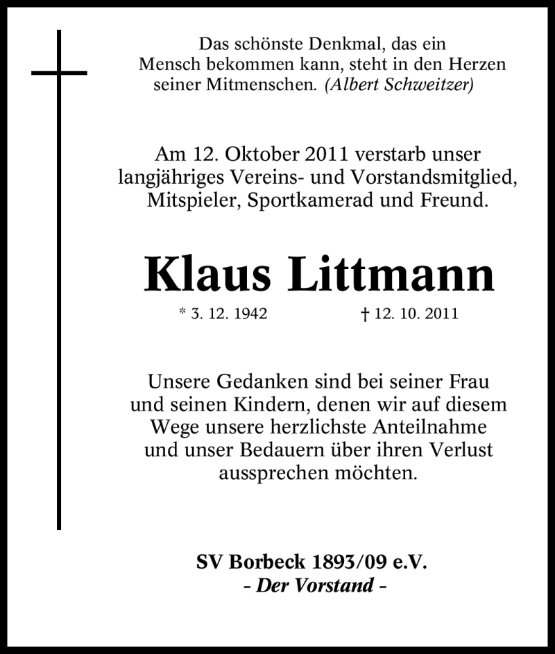 Traueranzeigen von Klaus Littmann | Trauer-in-NRW.de