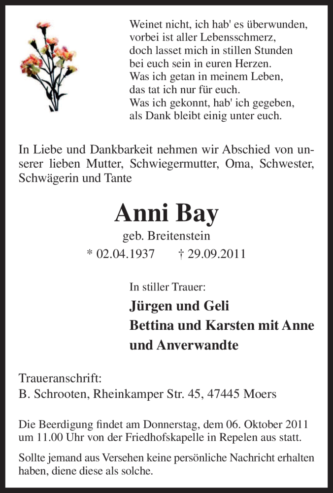 Traueranzeigen von Anni Bay | Trauer-in-NRW.de