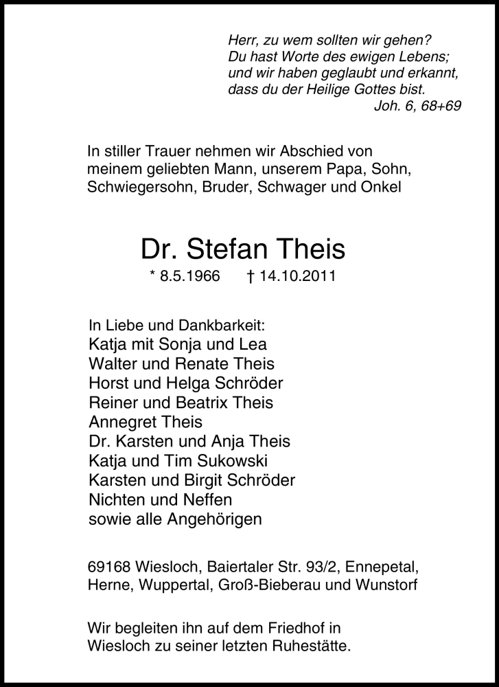 Traueranzeigen von Stefan Theis | Trauer-in-NRW.de