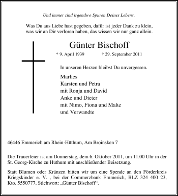Traueranzeigen von Günter Bischoff | Trauer-in-NRW.de