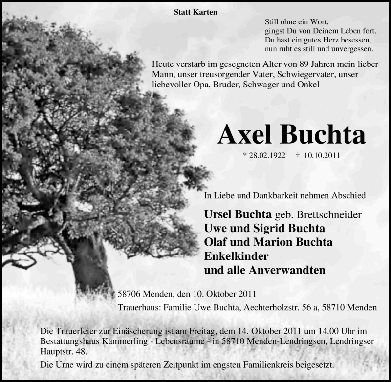 Traueranzeigen von Axel Buchta | Trauer-in-NRW.de