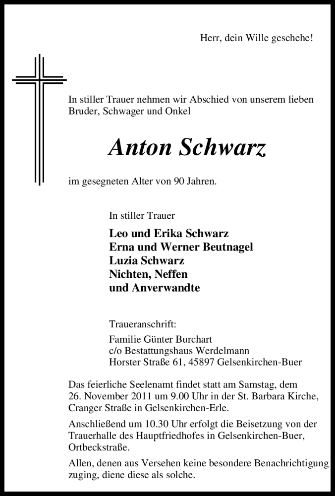 Traueranzeigen von Anton Schwarz | Trauer-in-NRW.de