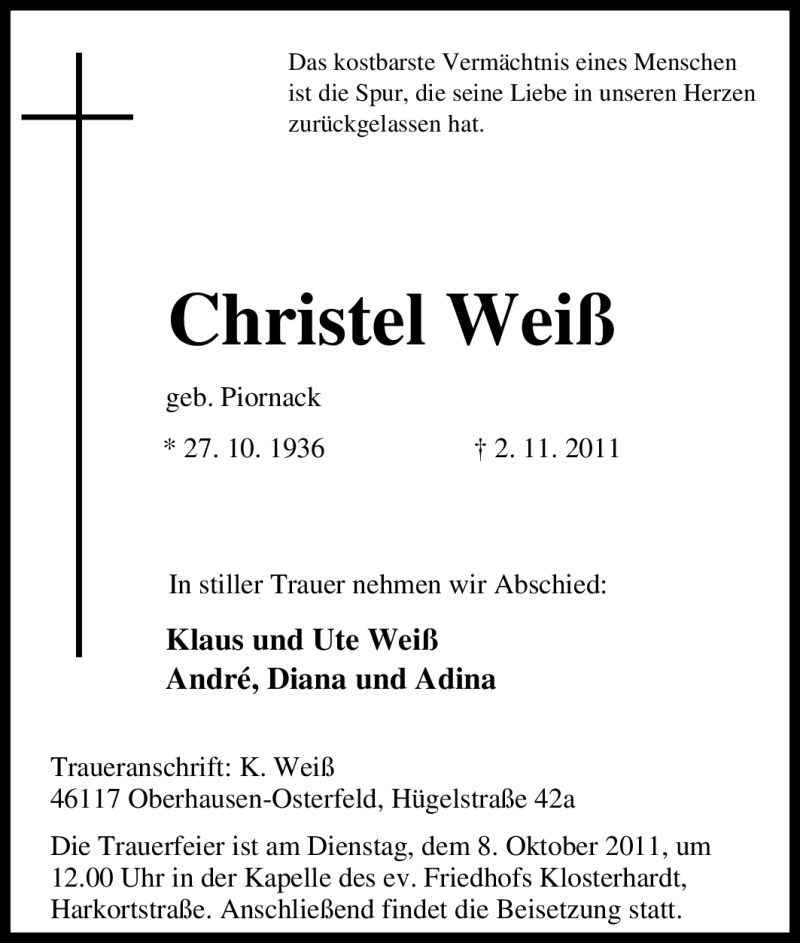 Traueranzeigen von Christel Weiß | Trauer-in-NRW.de