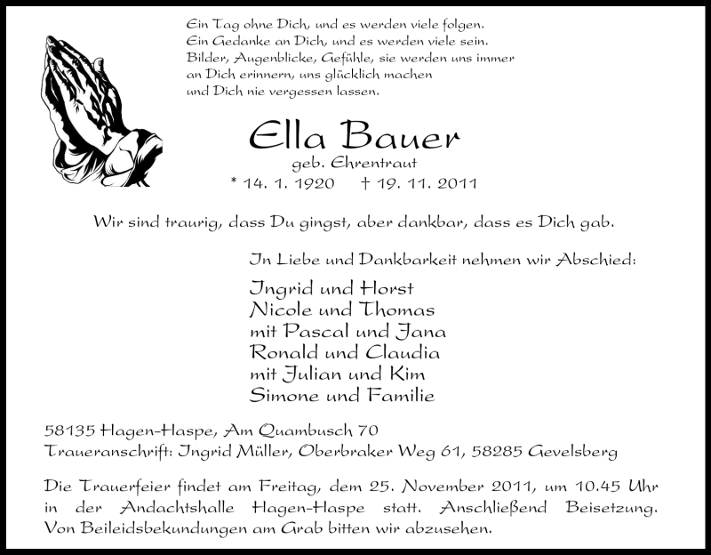 Traueranzeigen von Ella Bauer | Trauer-in-NRW.de