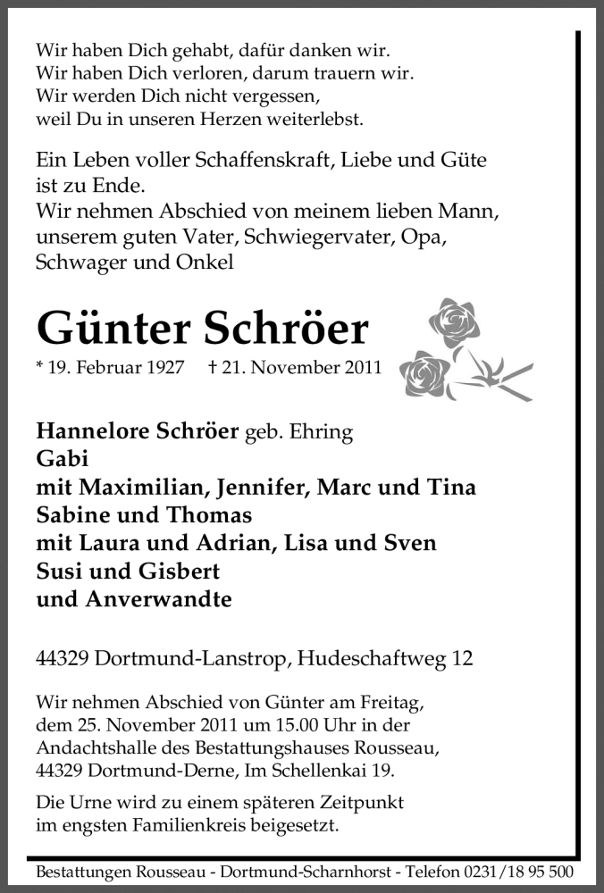 Traueranzeigen von Günter Schröer | Trauer-in-NRW.de