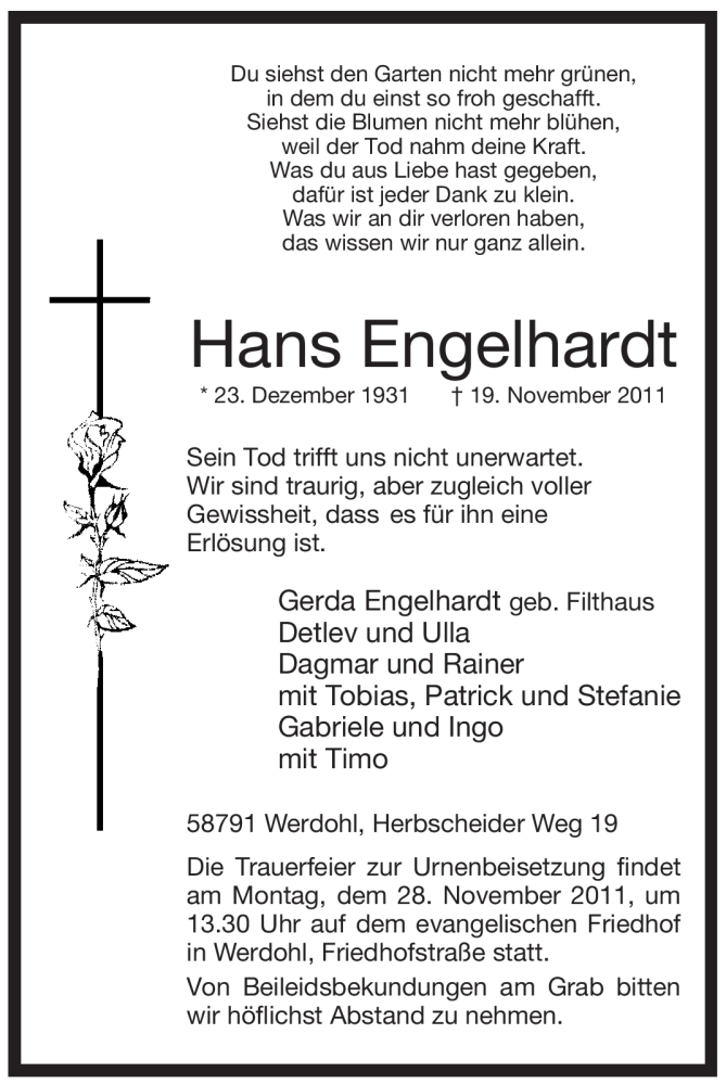 Traueranzeigen von Hans Engelhardt | Trauer-in-NRW.de