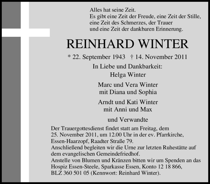 Traueranzeigen von Reinhard Winter | Trauer-in-NRW.de