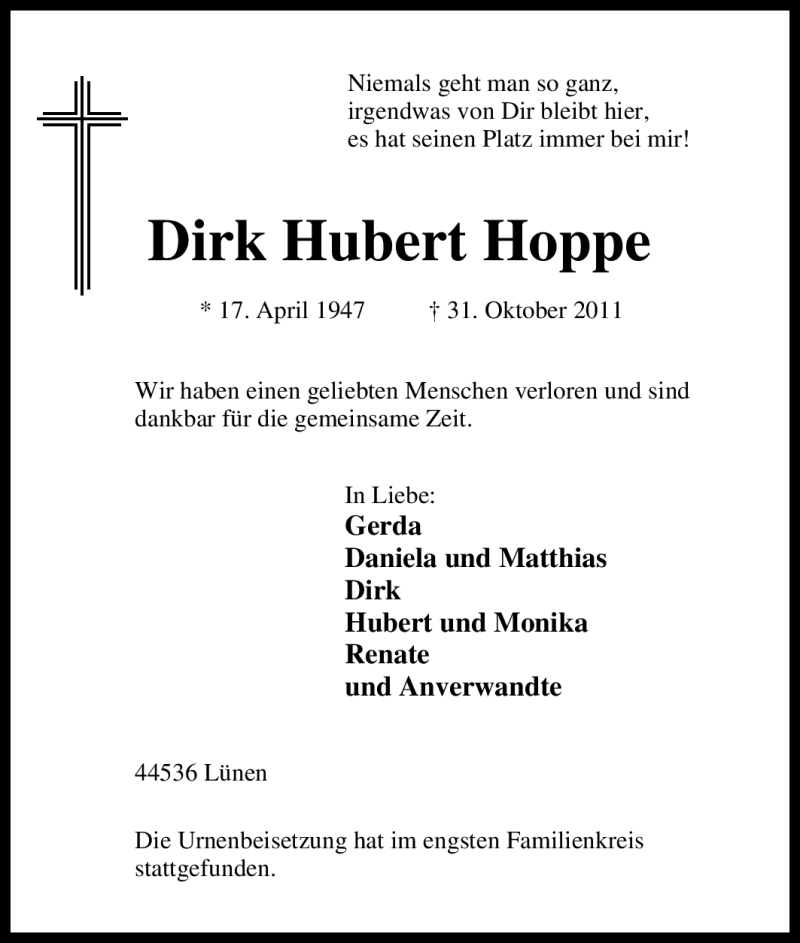 Traueranzeigen von Dirk Hubert Hoppe | Trauer-in-NRW.de