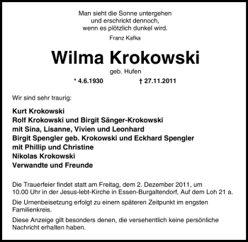 Traueranzeigen von Wilma Krokowski | Trauer-in-NRW.de
