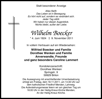 Traueranzeigen von Wilhelm Boecker | Trauer-in-NRW.de