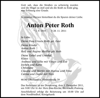 Traueranzeigen von Anton Peter Roth | Trauer-in-NRW.de