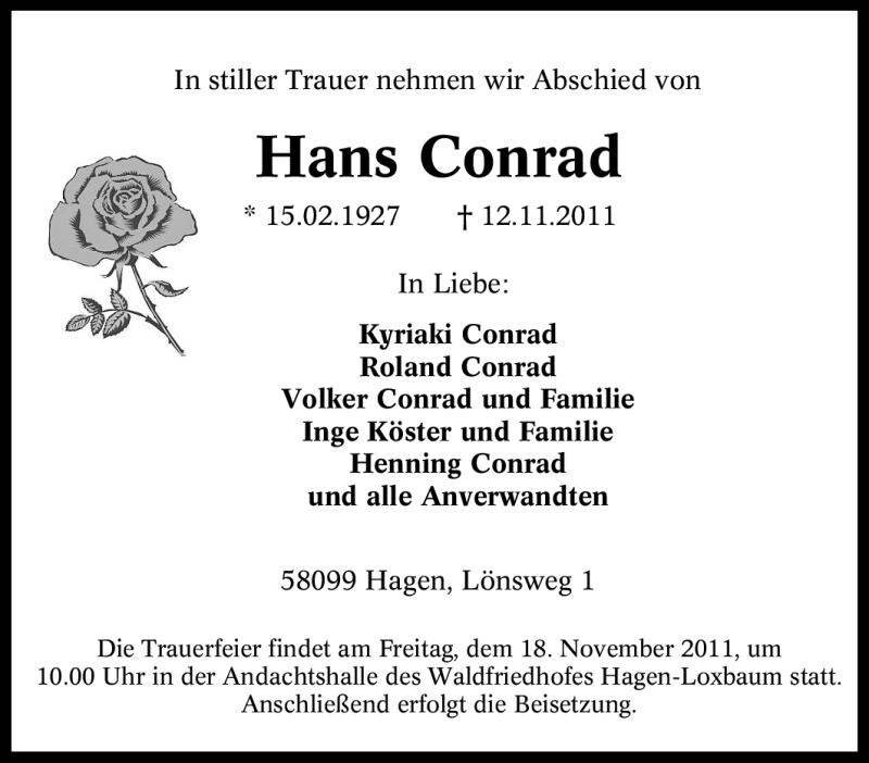 Traueranzeigen von Hans Conrad | Trauer-in-NRW.de