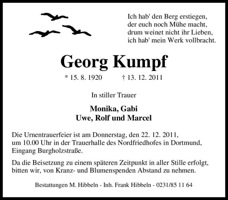 Traueranzeigen von Georg Kumpf | Trauer-in-NRW.de